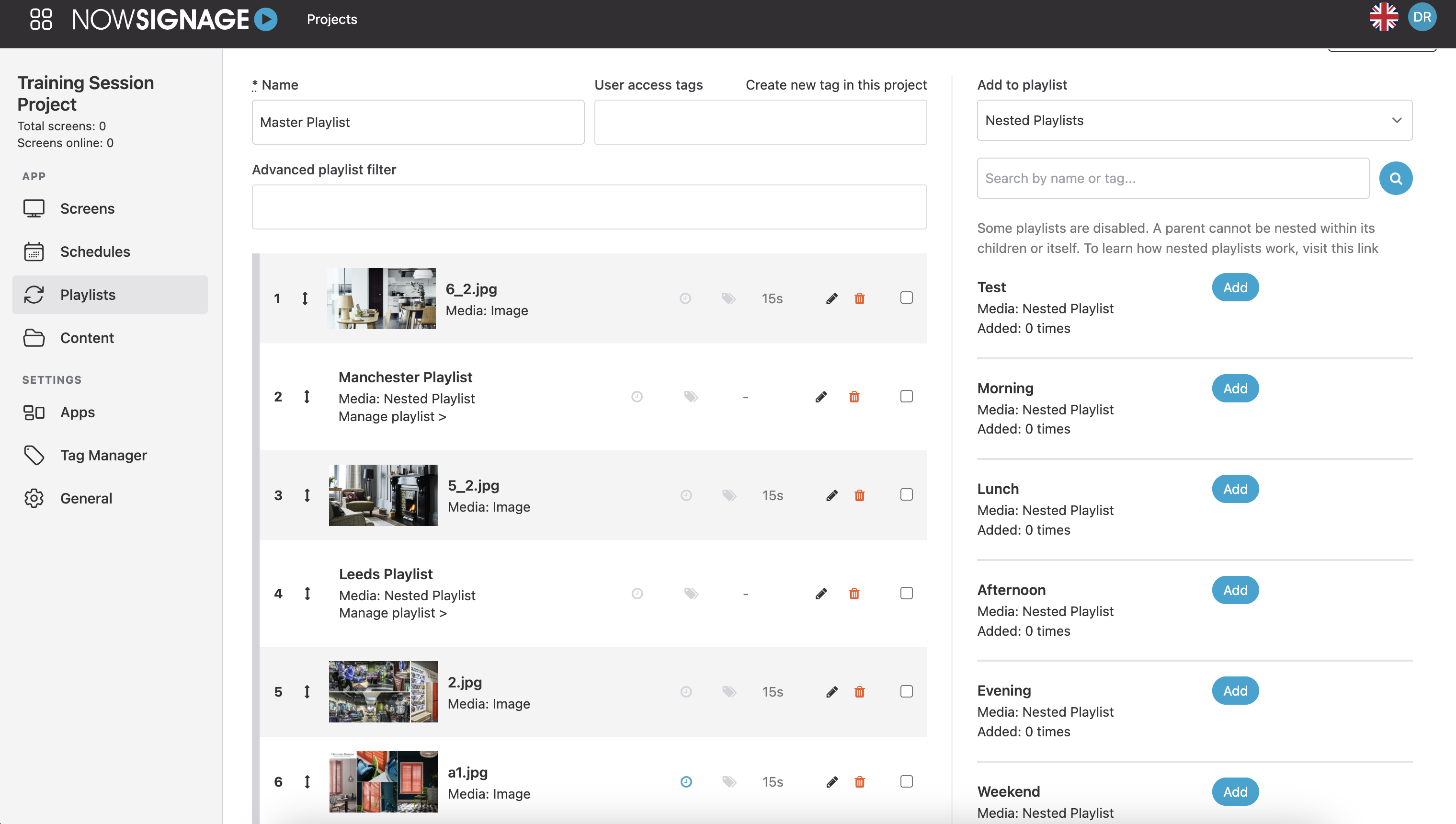 How to add a Nested Playlist to a screen